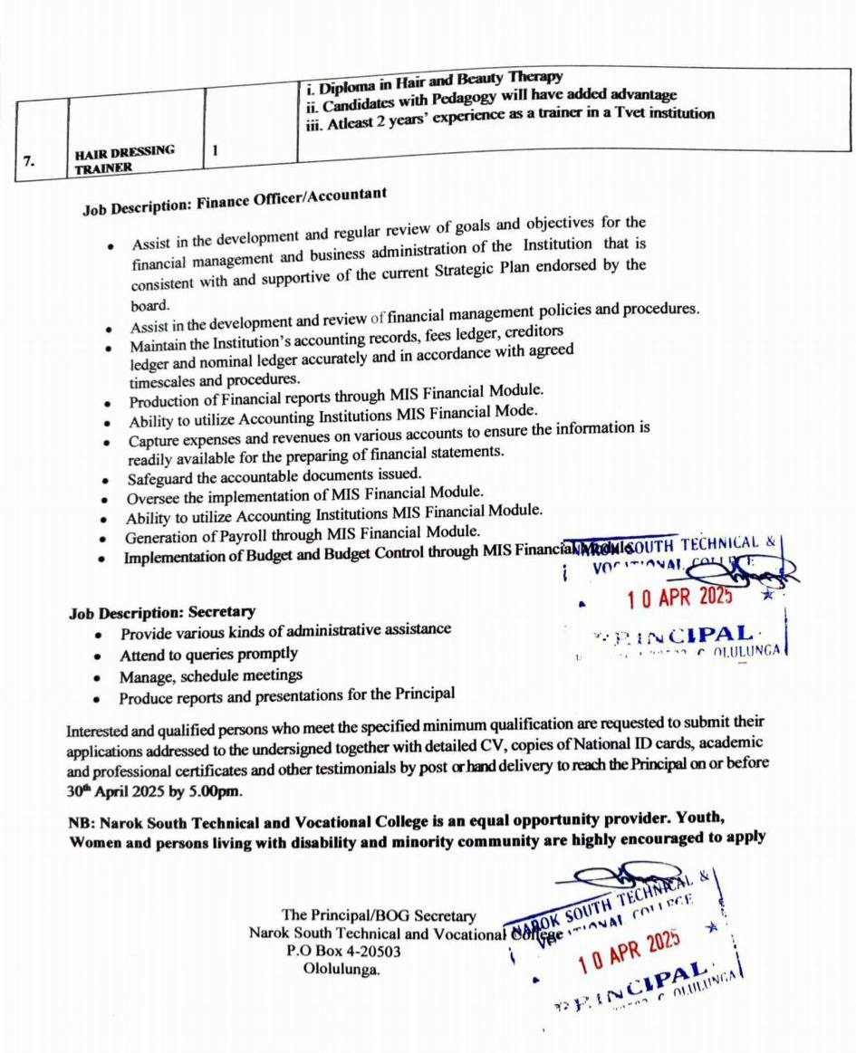7 Vacancies Open At Narok South Technical & Vocational College ...