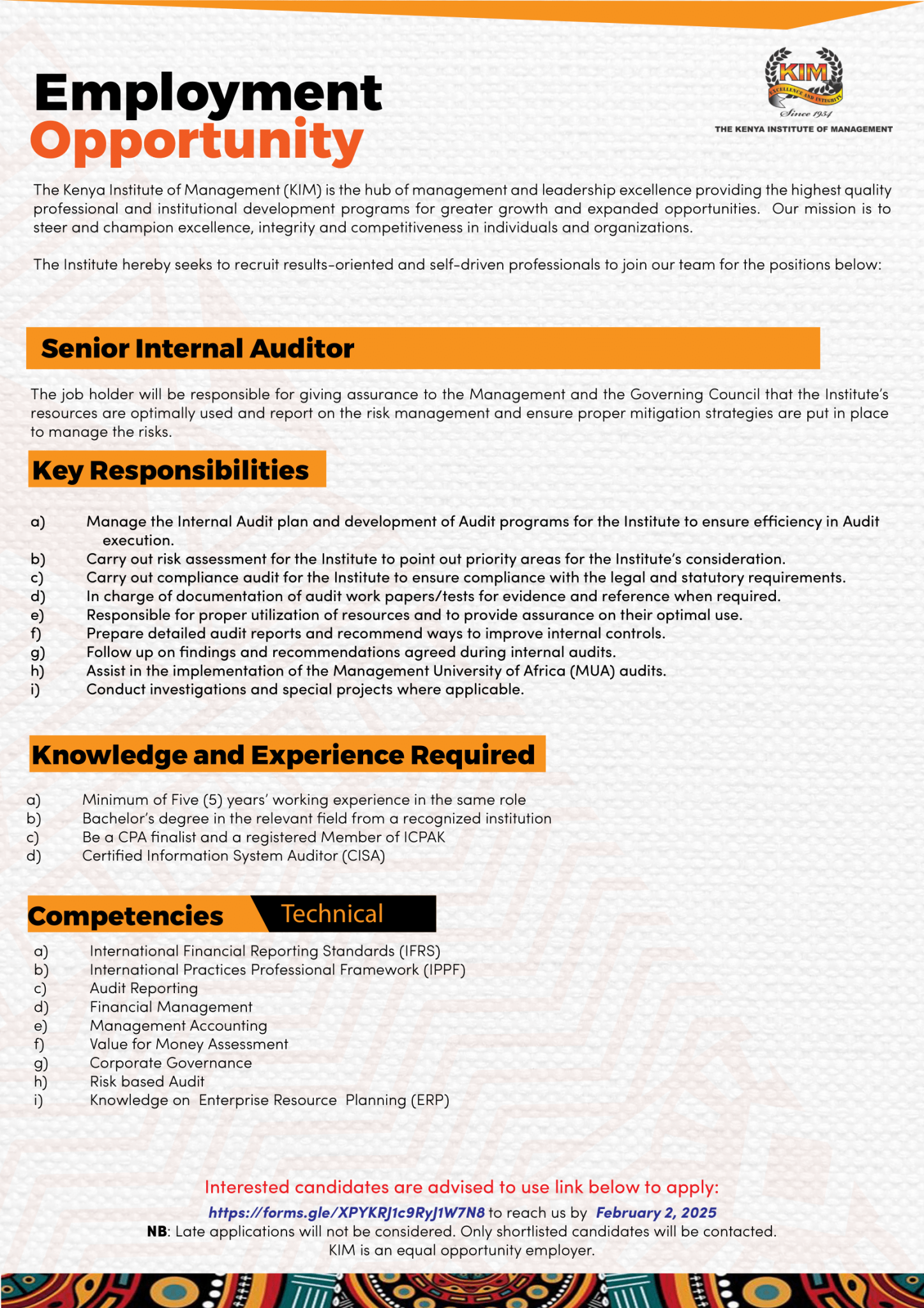 KIM Hiring Senior Internal Auditor - Opportunities for Young Kenyans